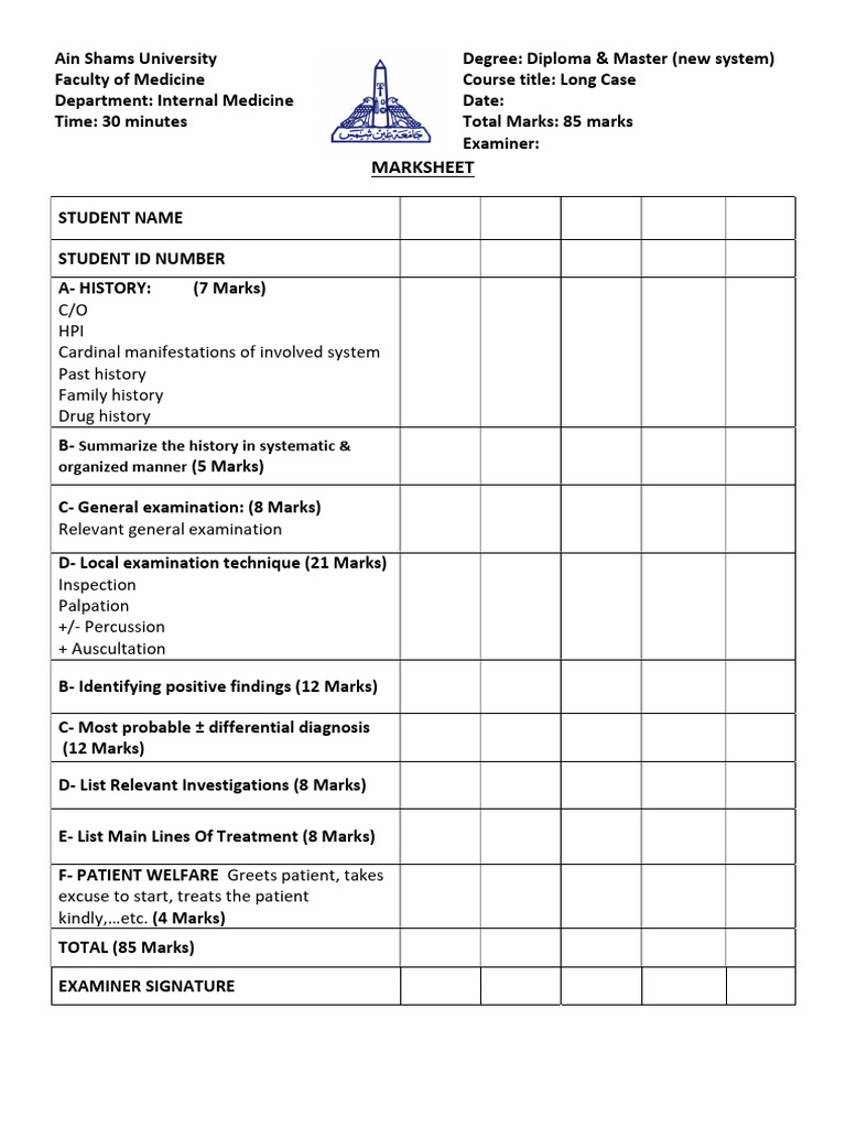 Long Case Examination Checklist | PDF