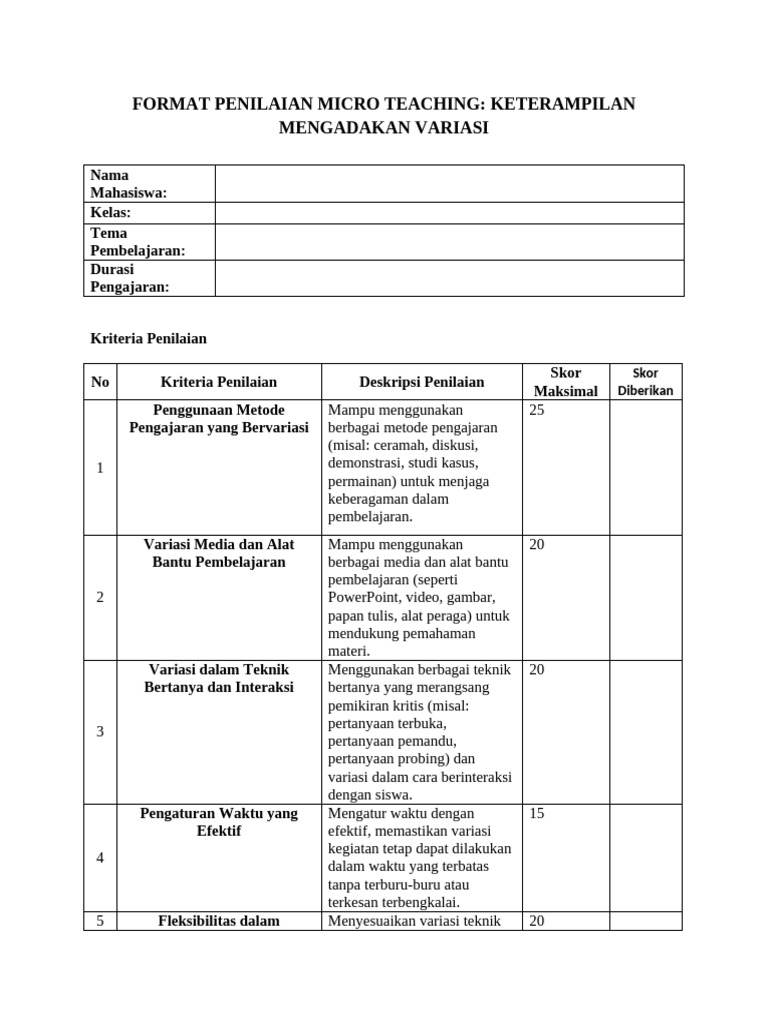 Penilaian Micro Teaching Keterampilan Variasi | PDF