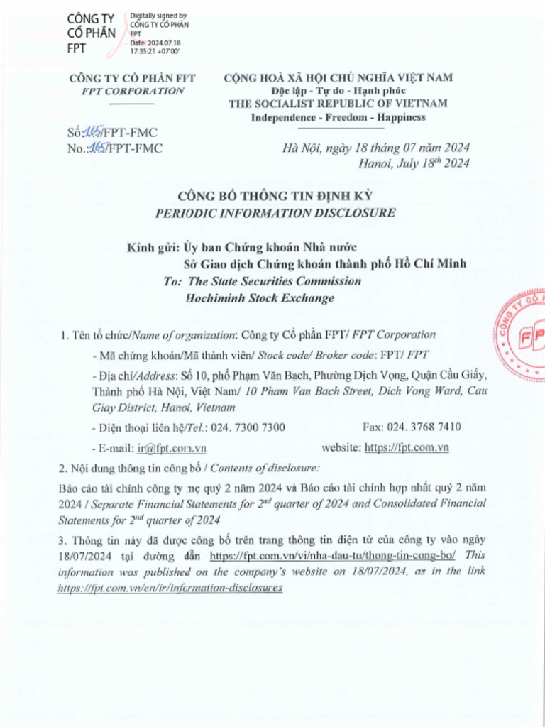 FPT - Consolidated Financial Statements For Quarter 2 2024 | PDF