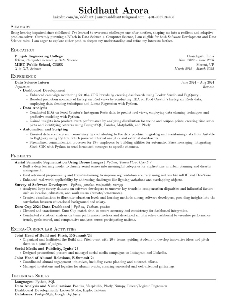 Siddhant Arora s Resume 1732908501 | PDF | Data Science | Data