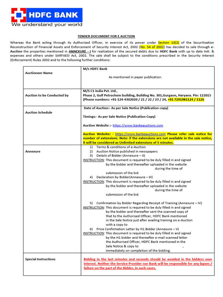 HDFC Bank E-Auction Tender Document | PDF | Auction