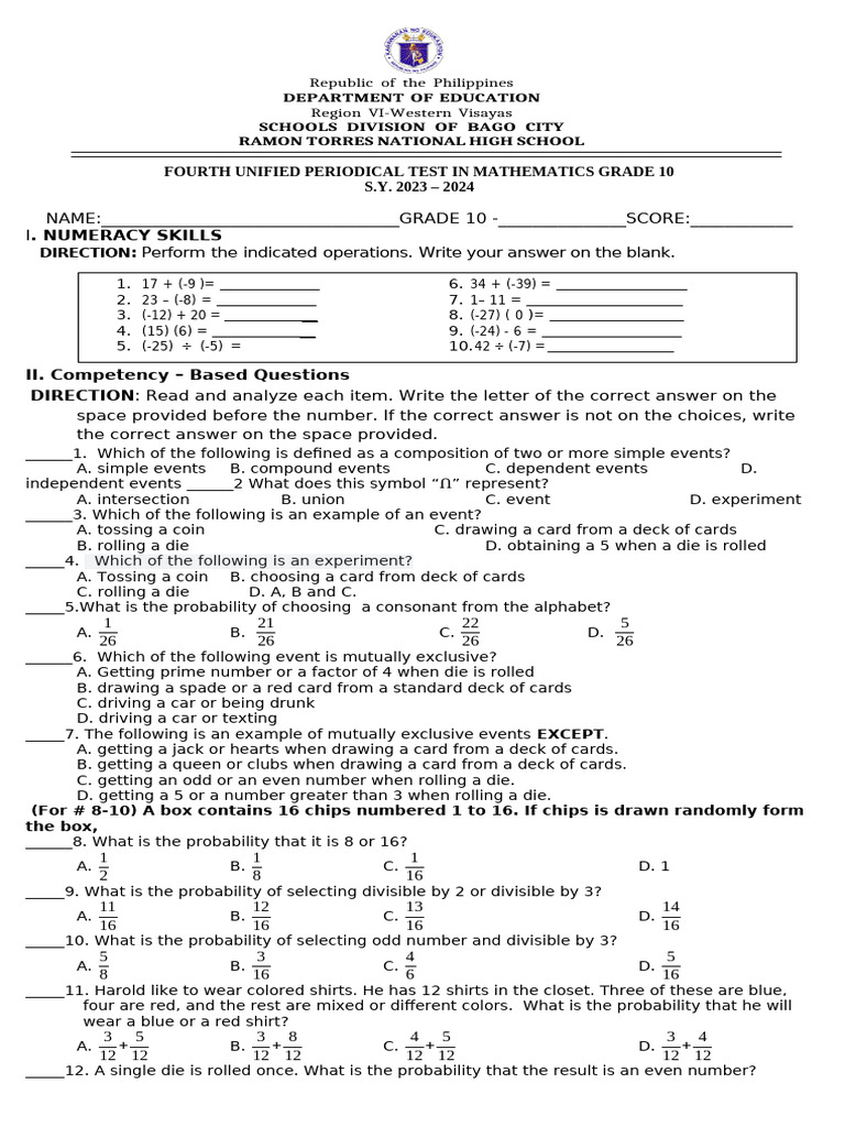Fourth Periodical Test G10 | PDF | Quartile | Percentile