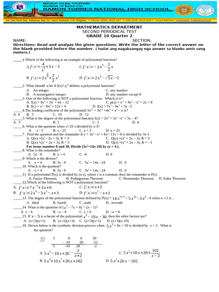 Grade 10 Mathematics Periodical Test | PDF | Circle | Polynomial