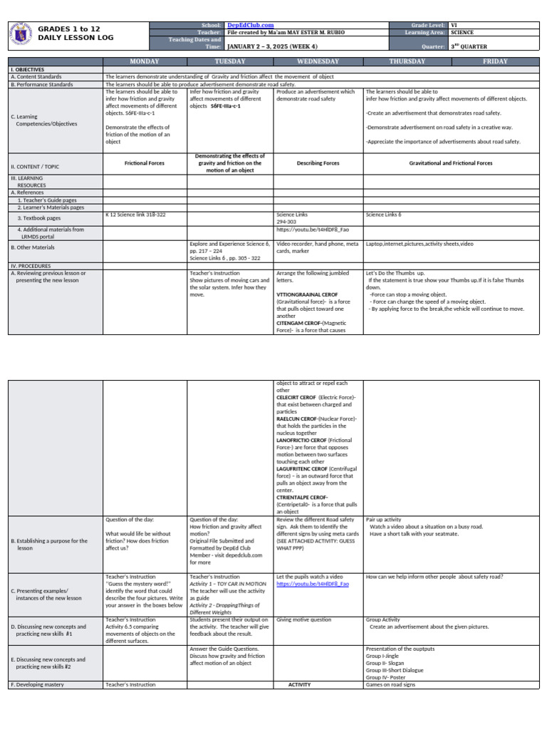 DLL_SCIENCE 6_Q3_W4 | PDF | Force | Differentiated Instruction