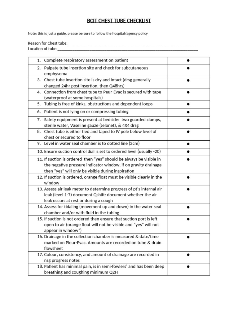 chest-tube-checklist | PDF | Clinical Medicine | Pulmonology