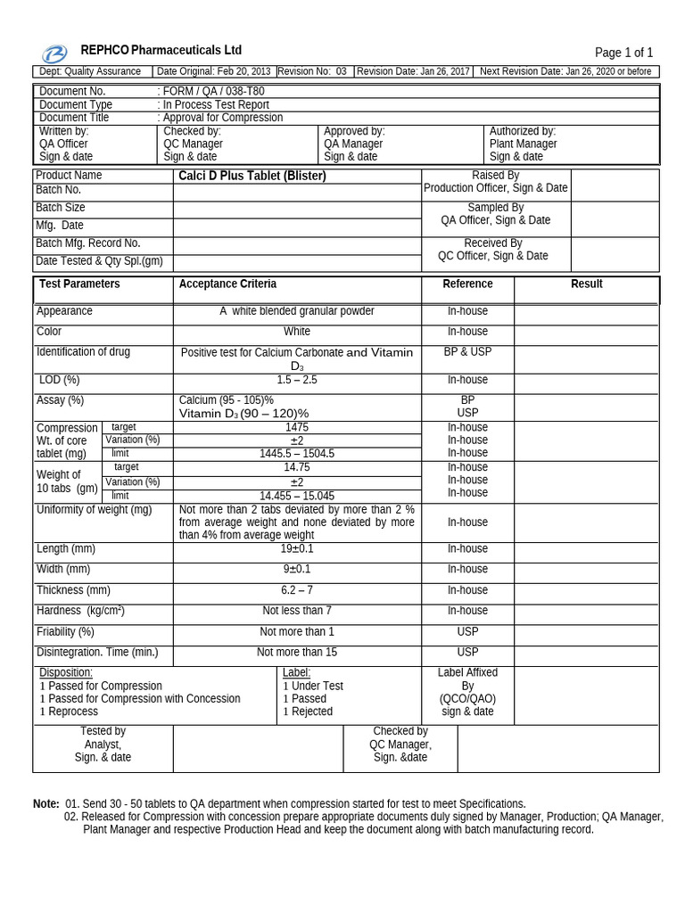 Compression Approval - Calci D Plus Tablet Blister | PDF | Tablet ...