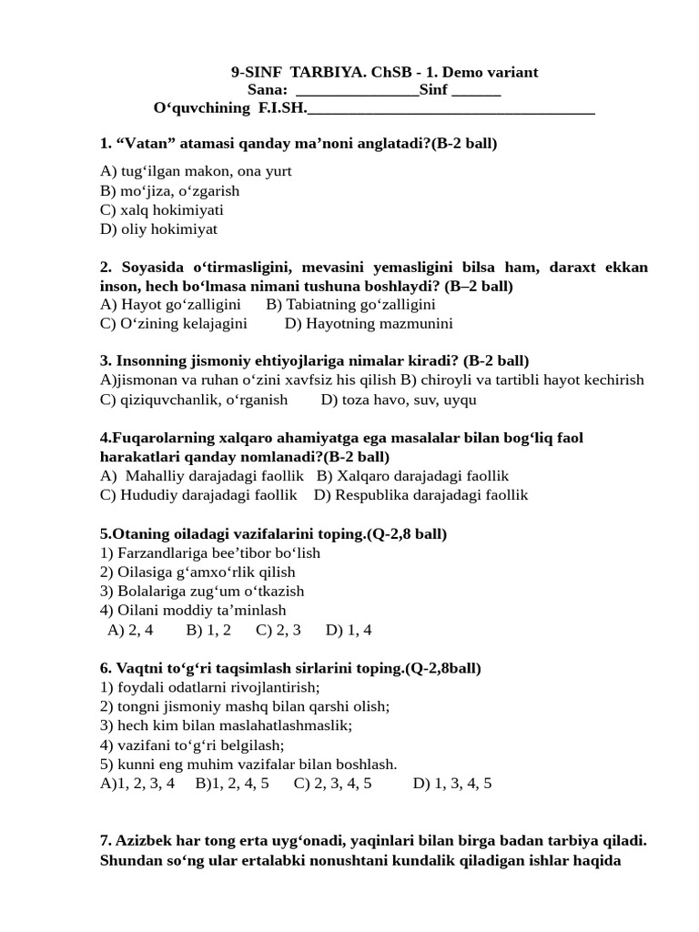 9 Sinf Tarbiya CHSb-1 DEMO | PDF