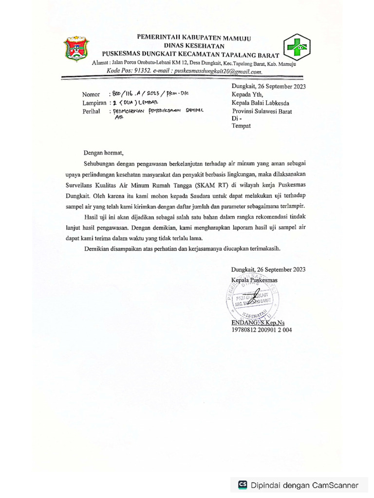 Surat permohonan Pemeriksaan Sampel Air(2) | PDF