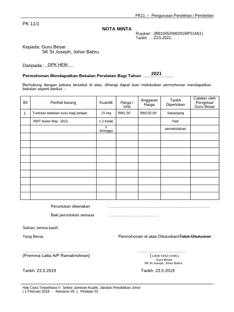 BORANG PK 11 2 NOTA MINTA Susu | PDF