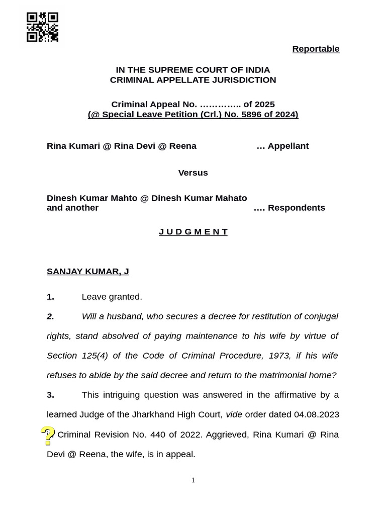 Rina Kumari at Rina Devi at Reena Vs Dinesh Kumar Mahto at Dinesh Kumar Mahato 2025 INSC 55 ...