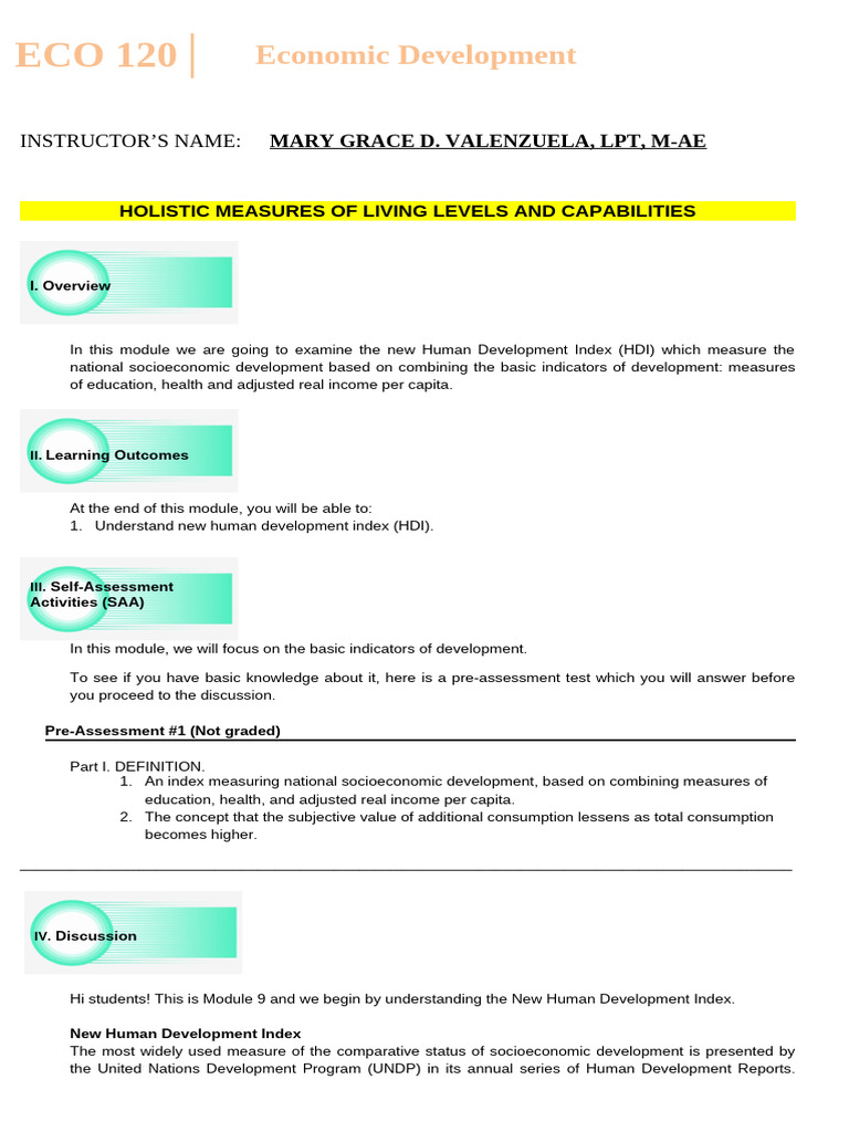 Lesson 9 ECO120 EconDev | PDF | Cost Of Living | Human Development Index
