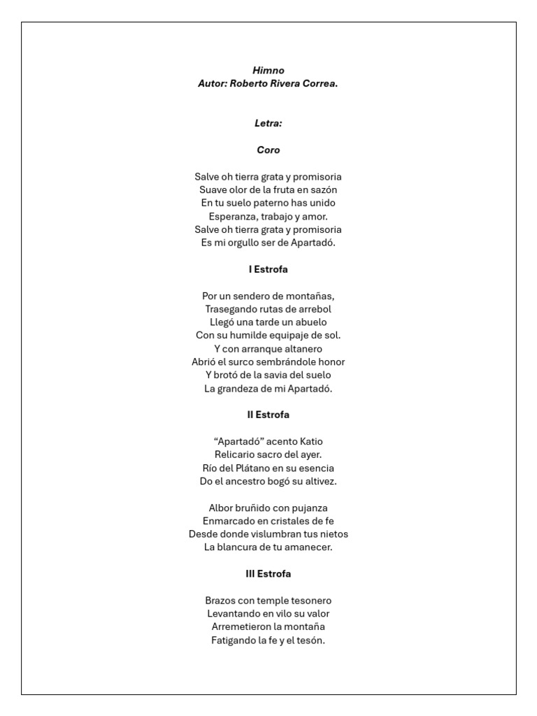 Himno de Apartadó: Letra y Significado | PDF