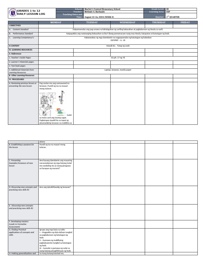 DLL - ESP 3 - Q1 - W3 August 12-16, 2024 | PDF