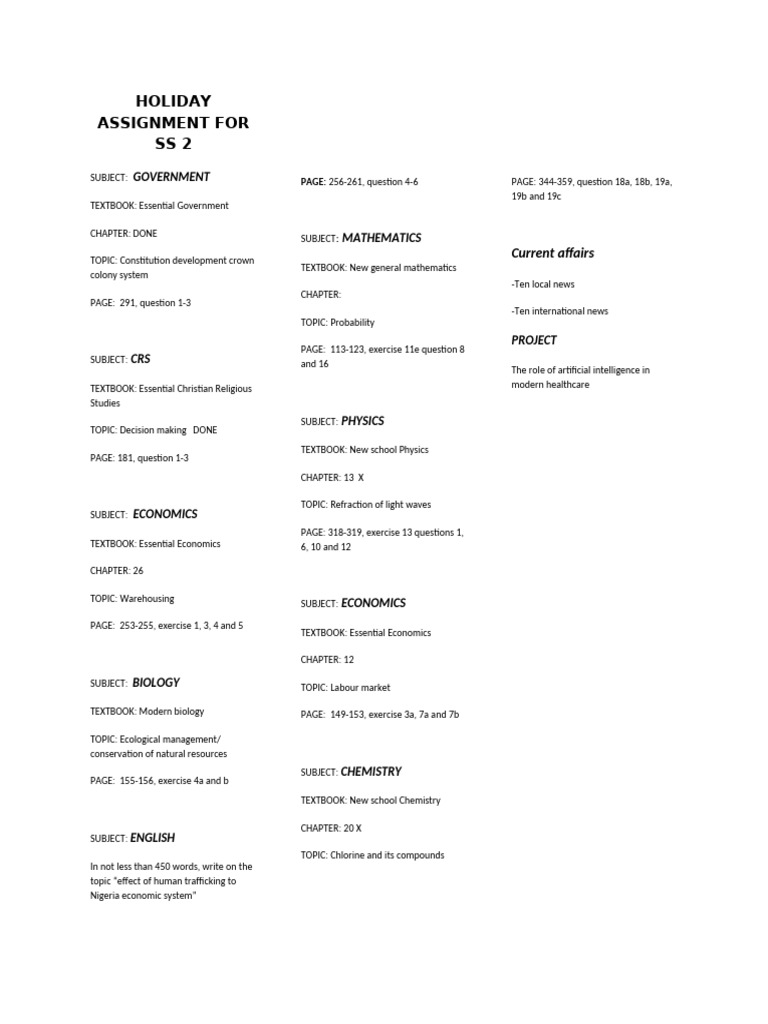 Holiday Assignment For SS 2 | PDF | Science