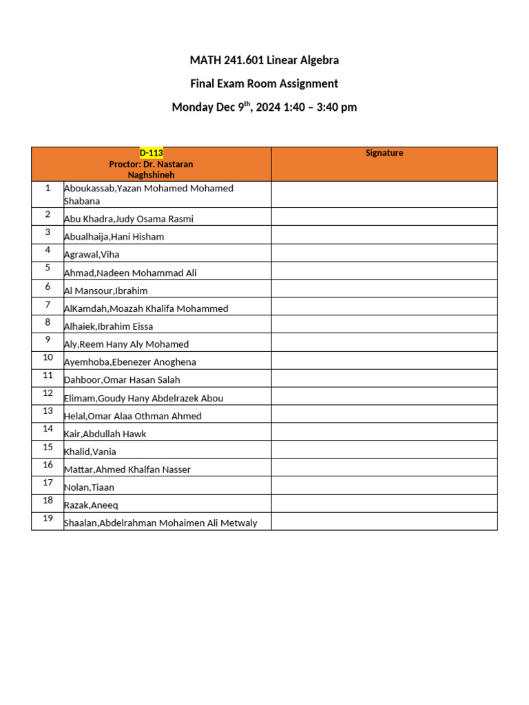 Final Exam Room Assignment - MATH 241.601 | PDF