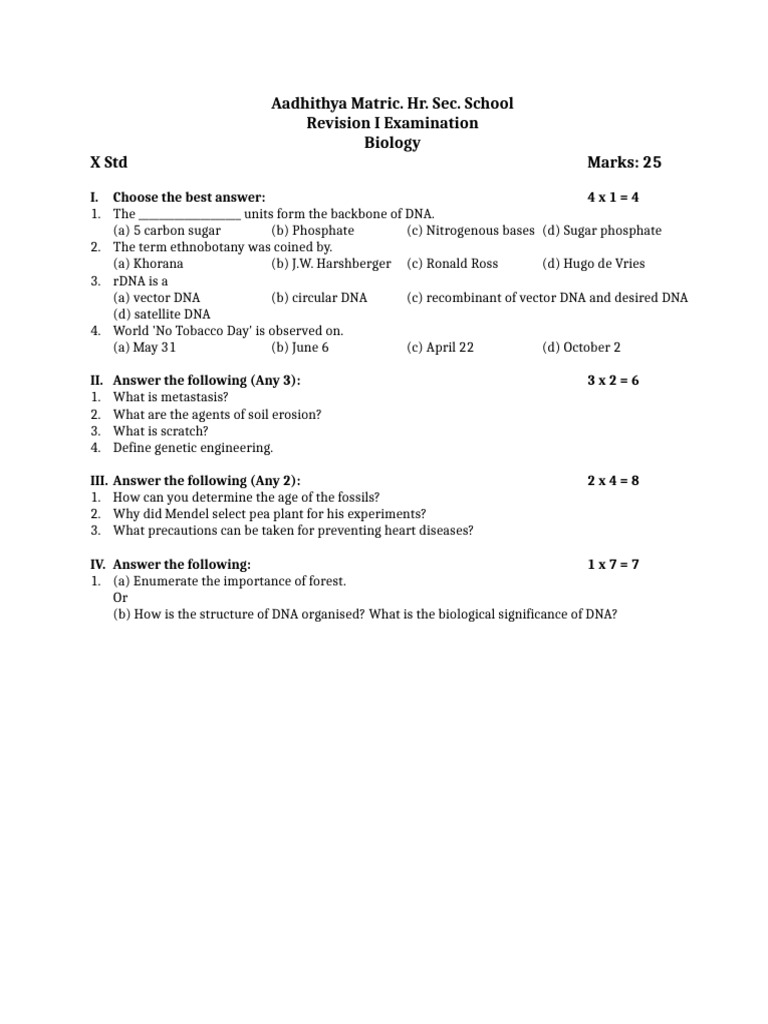 Revision I Examination - X STD - Biology | PDF