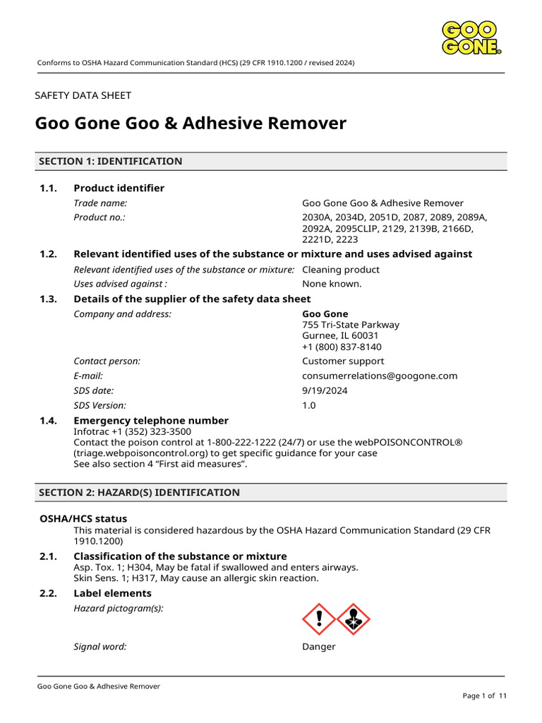 Goo Gone Goo Gone Goo Adhesive Remover 2030a 2034d 2051d 2087 2089 ...