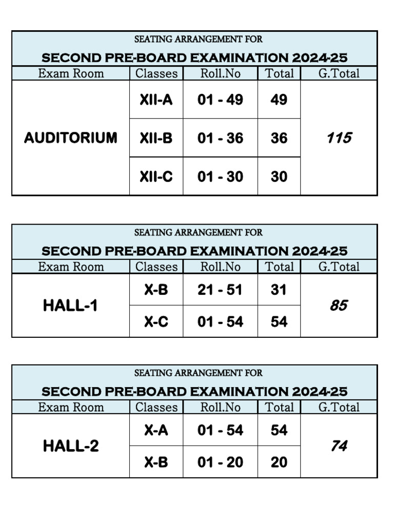 Pre-Board Exam Seating Arrangement 2024 | PDF