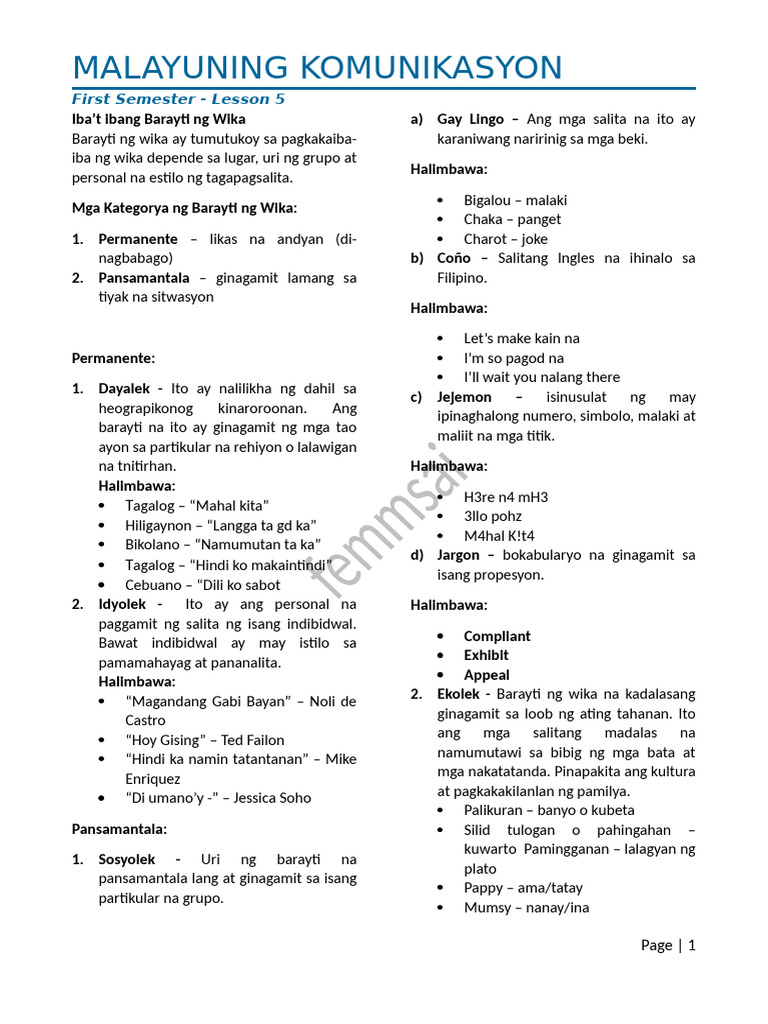 Filipino Lesson 5 | PDF