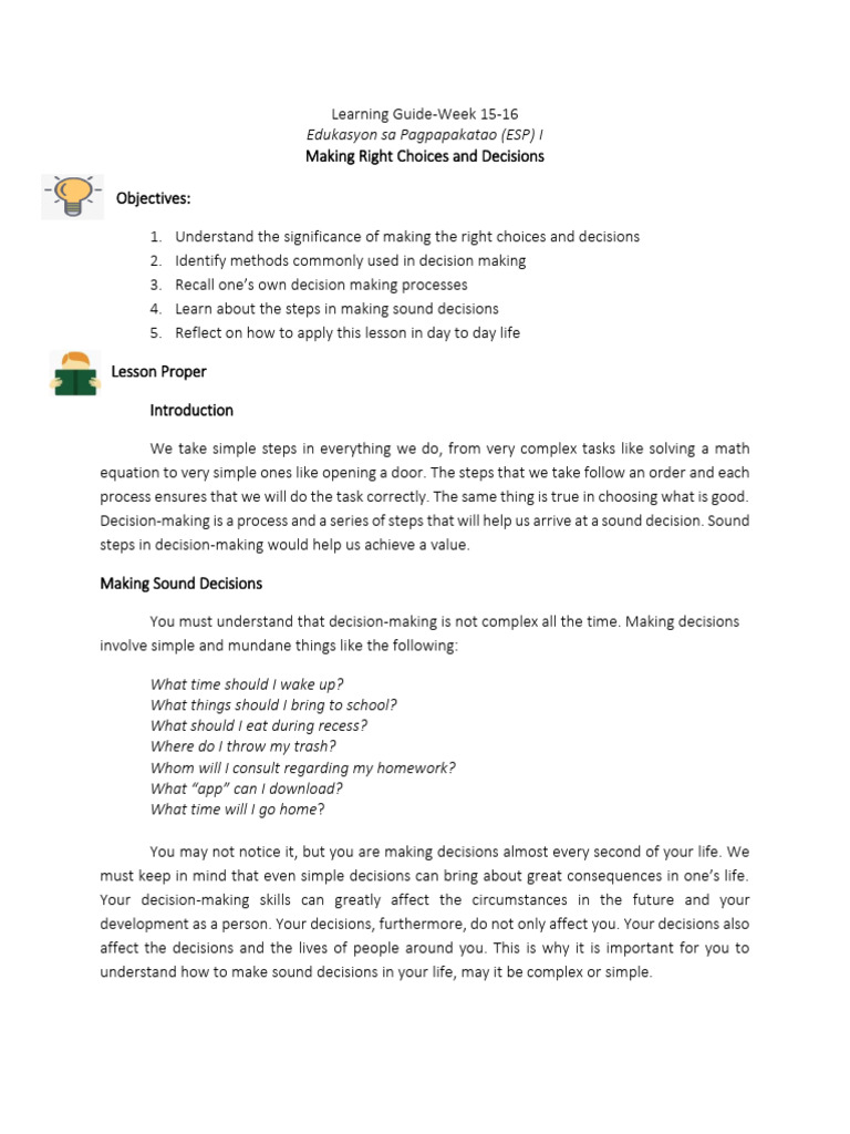 Learning Guide Week 15 16 ESP I | PDF | Decision Making | Feeling