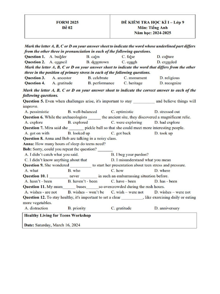 E9 ck1 đề 2 | PDF