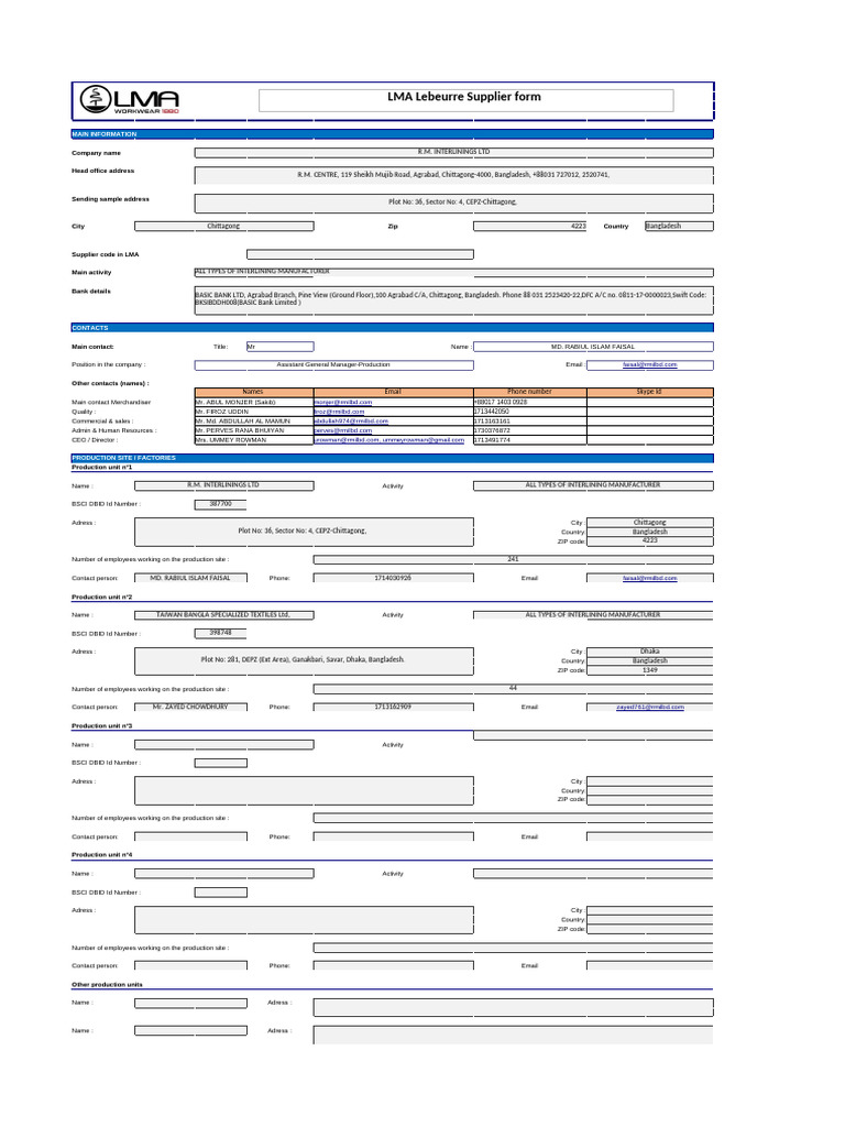 20 02 13 LMA Supplier Form | PDF | Bangladesh