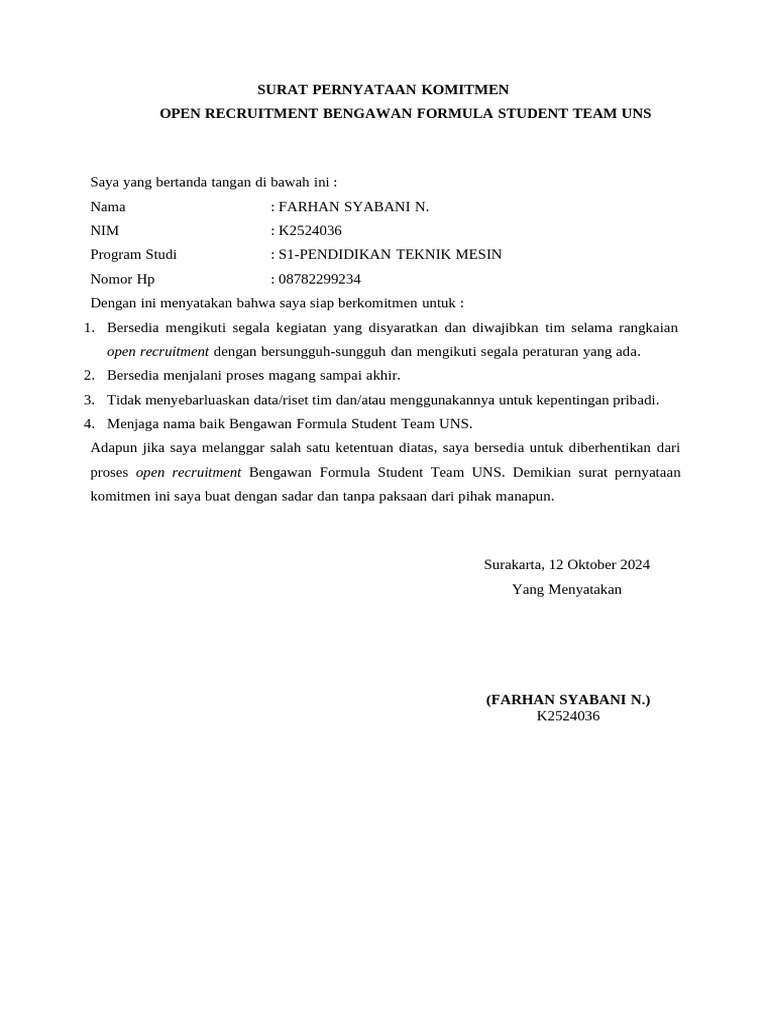 Komitmen Open Recruitment Bengawan Formula | PDF
