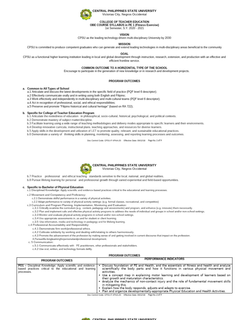 CPSU PE 1 Course Syllabus Overview | PDF | Physical Education | Learning