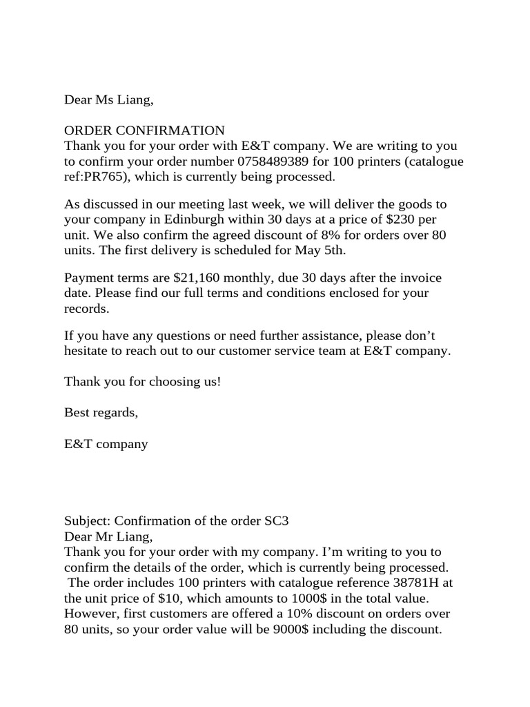 Order Confirmation for 100 Printers | PDF