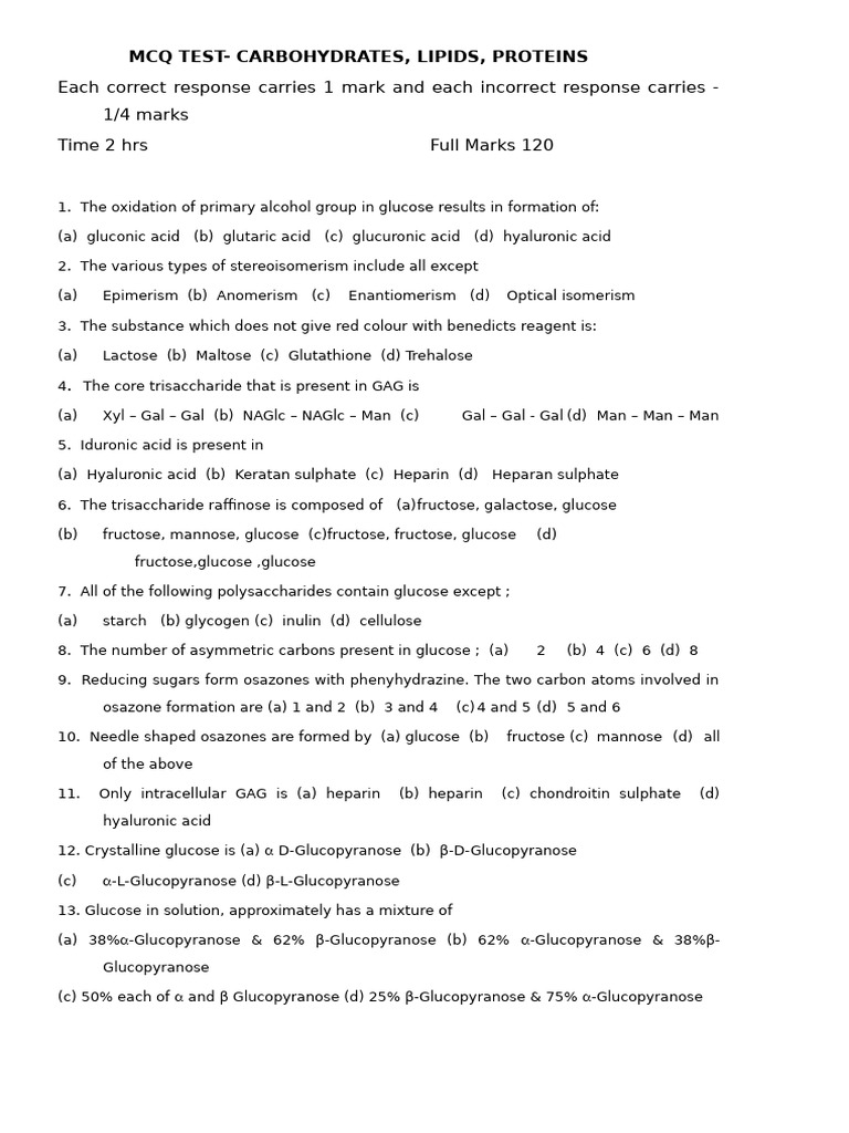 MCQ of Carb, Lipids, Protein Chemistry | PDF | Alpha Helix | Amino Acid