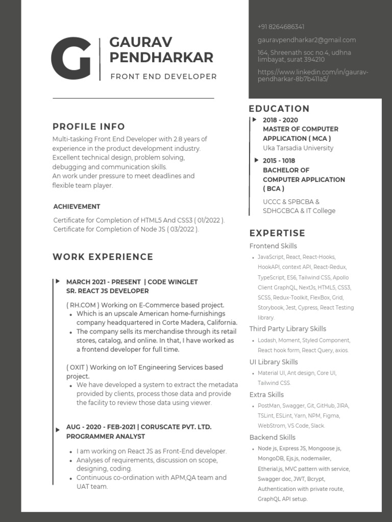 Gaurav PENDHARKAR_Resume_Front-End Developer | PDF | Computing | Software Engineering