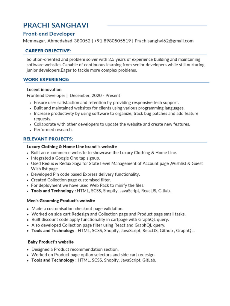 Prachi Sanghvi - Resume - Front-End Developer | PDF