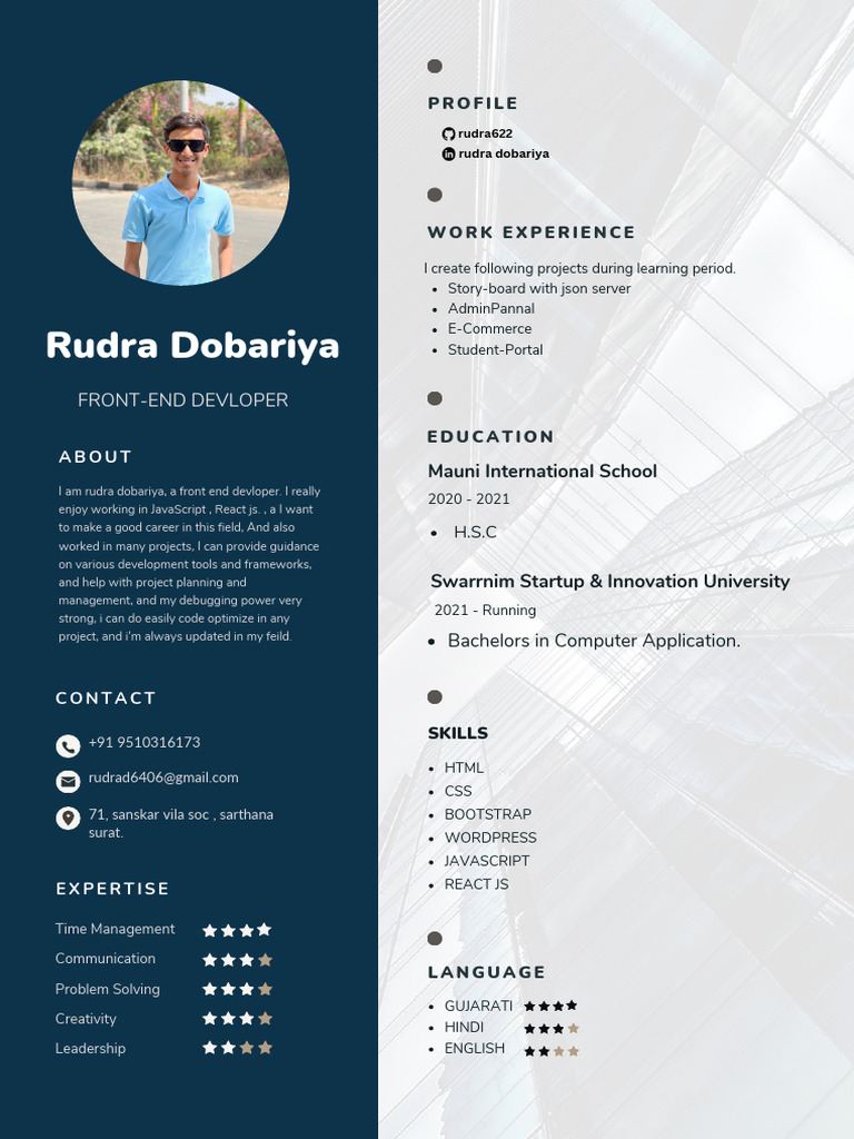 Front-End Developer Profile: Rudra Dobariya | PDF