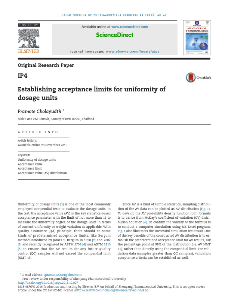Acceptance Limits for Dosage Uniformity | PDF