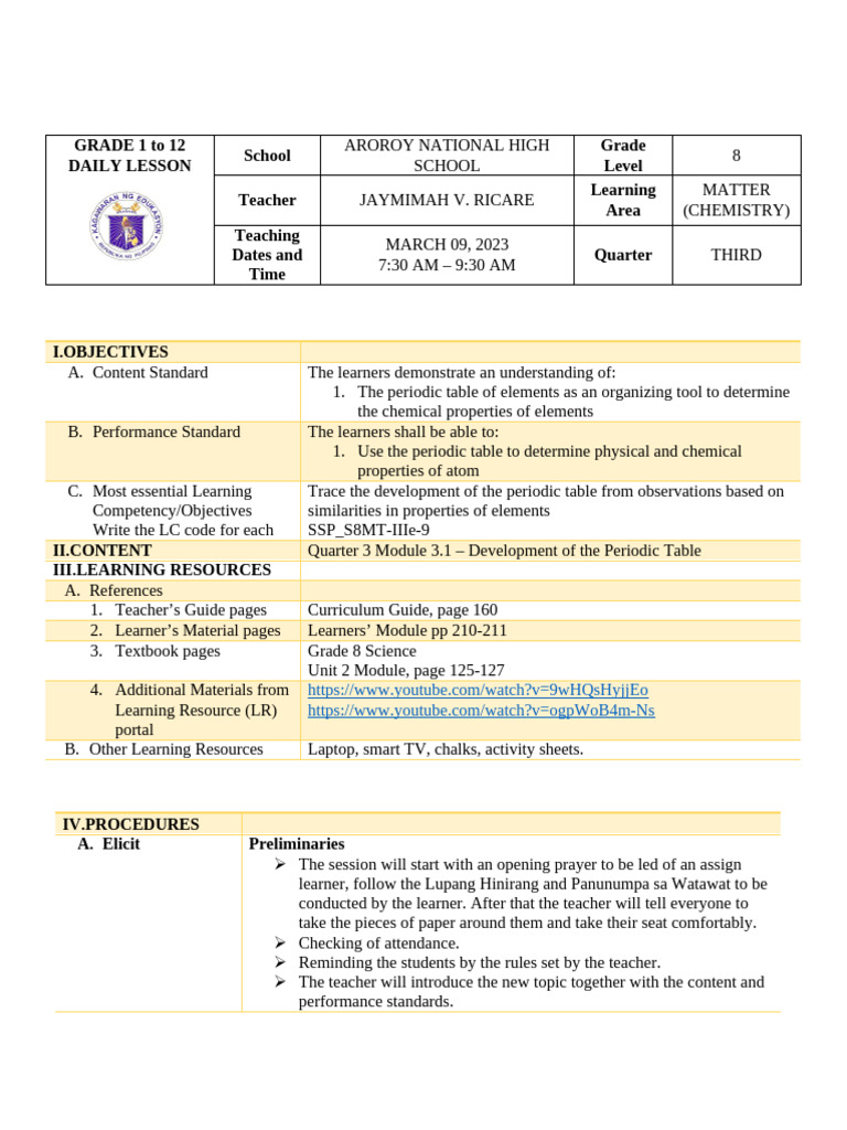 Grade 8 Chemistry Lesson Plan: Periodic Table | PDF | Chemical Elements ...