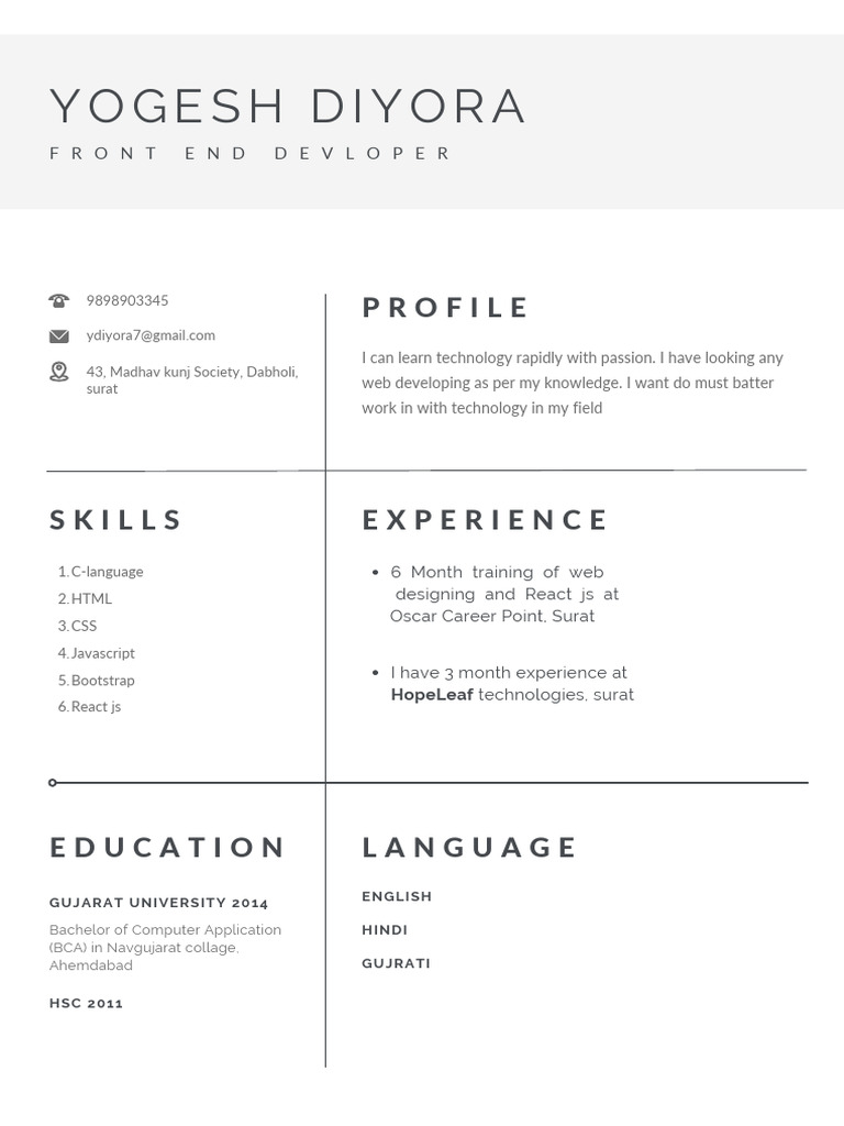 Yogesh Diyora - Fresher - Resume - Front End Developer | PDF