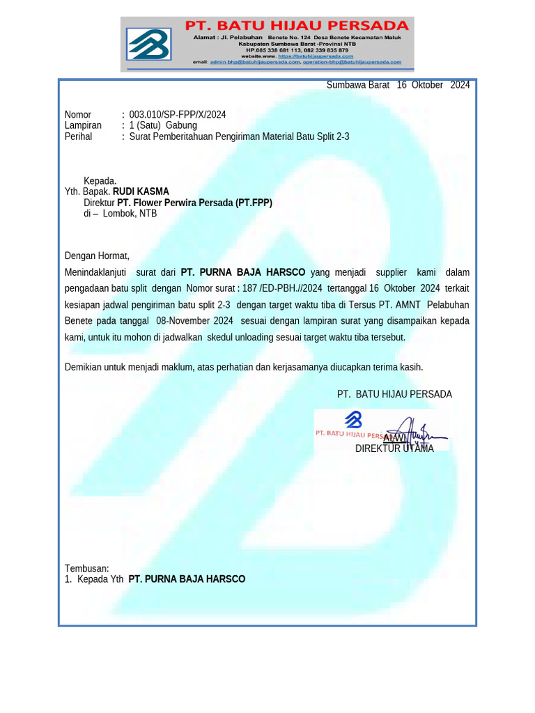 SURAT PEMBERITAHUAN LOADING-PT - PBH (AutoRecovered) | PDF