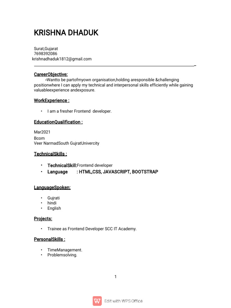 KRISHNA DHADU Fresher Resume Front End | PDF