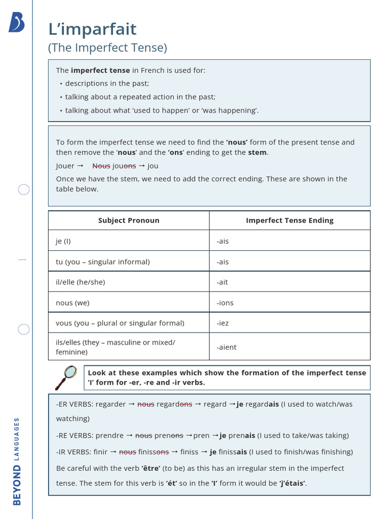 French Imperfect Tense Practice Activity Sheet | PDF | Syntax ...