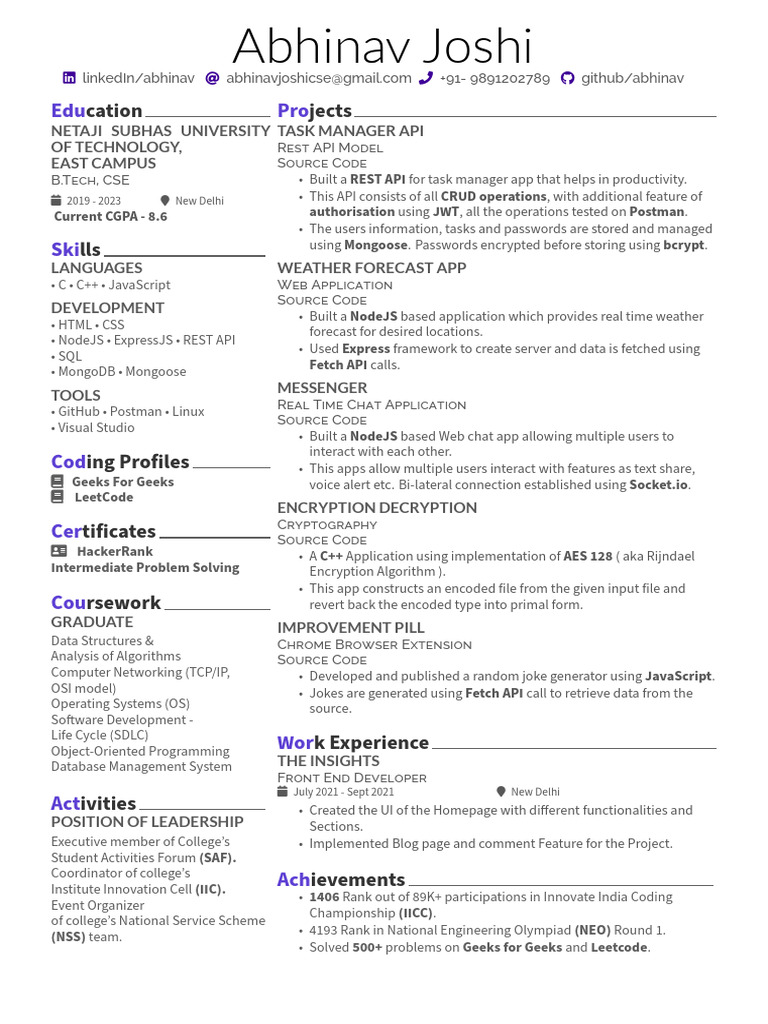 Abhinav - Joshi - Fresher - Resume - Backend Developer | PDF | World Wide Web | Internet & Web