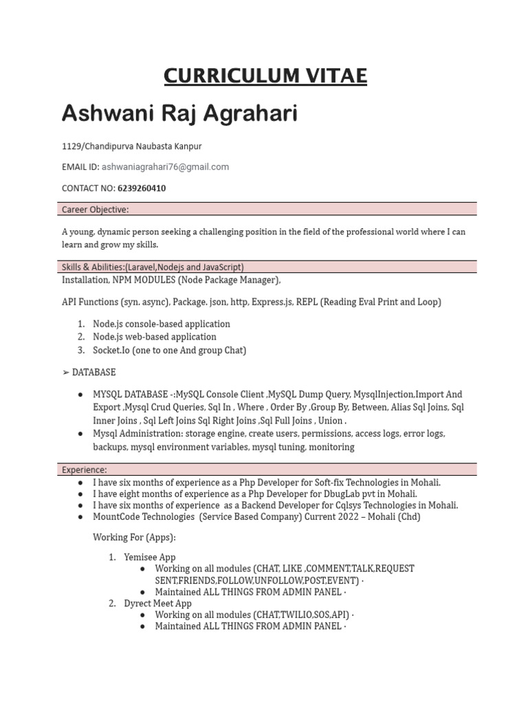 Ashwani Raj Agrahari - Fresher - Resume - Backend Developer | PDF | Computing | Information ...