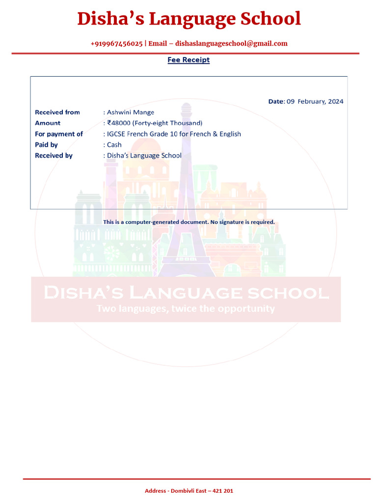 Fee Receipt Format - New | PDF