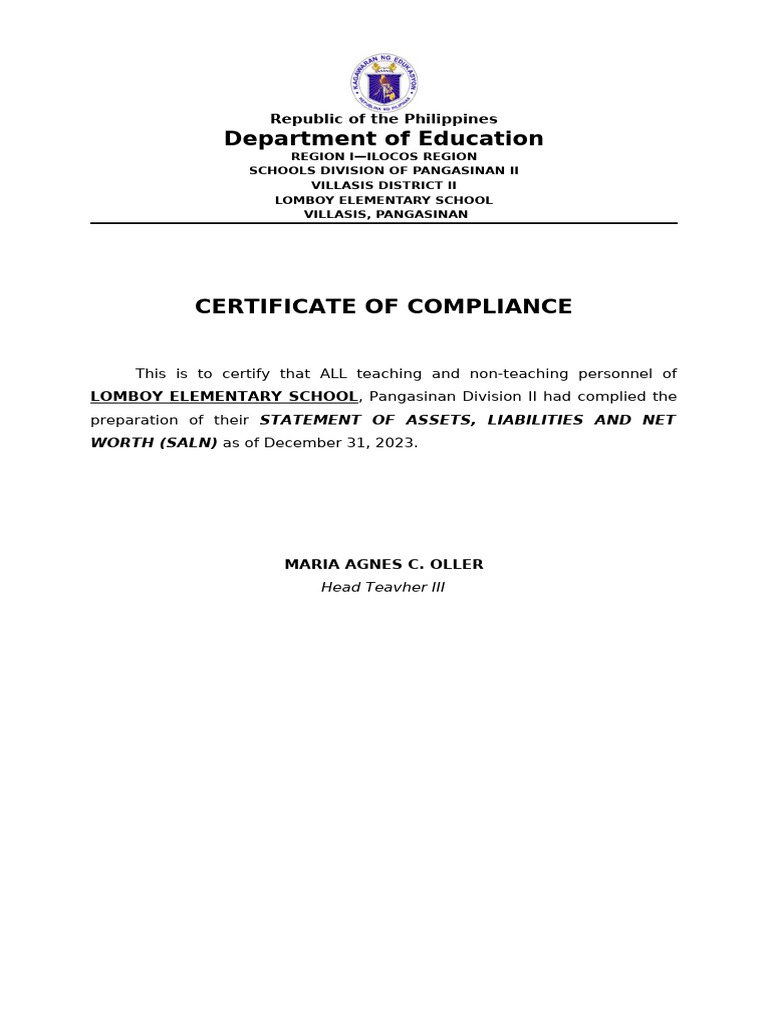Compliance Certificate for SALN 2023 | PDF