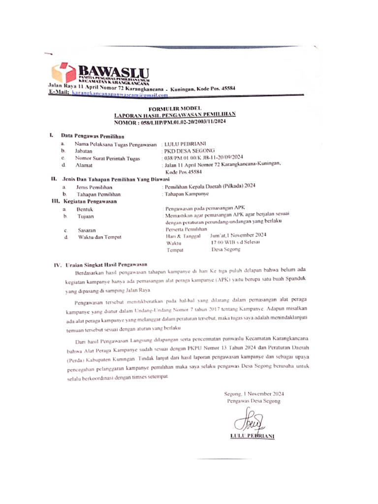 LHP 58 Tahapan Kampanye Desa Segong 1 November 2024 | PDF