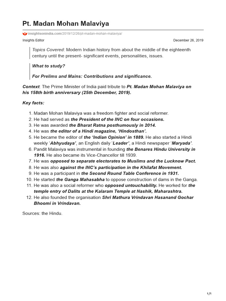 Key - Facts - PT Madan Mohan Malaviya | PDF