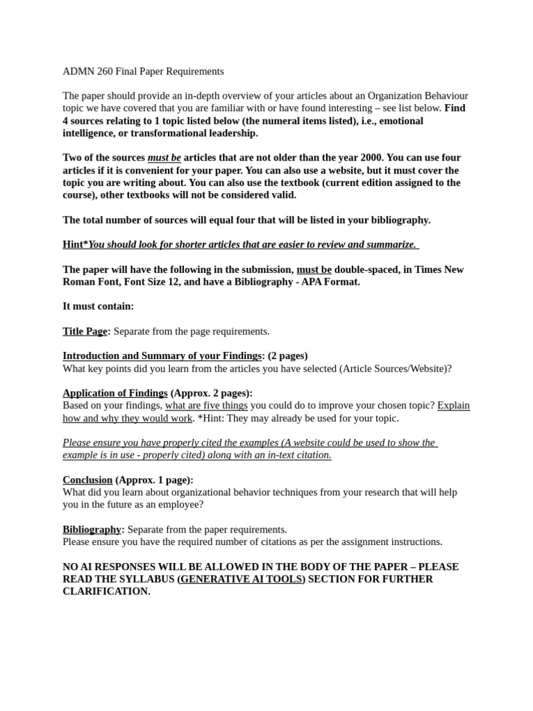 ADMN 260 Final Paper Requirements | PDF | Leadership | Leadership