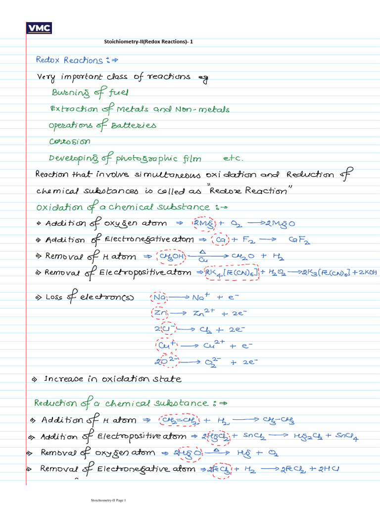 Stoichiometry-II Redox Reaction Live Class-1 Teacher Notes | PDF