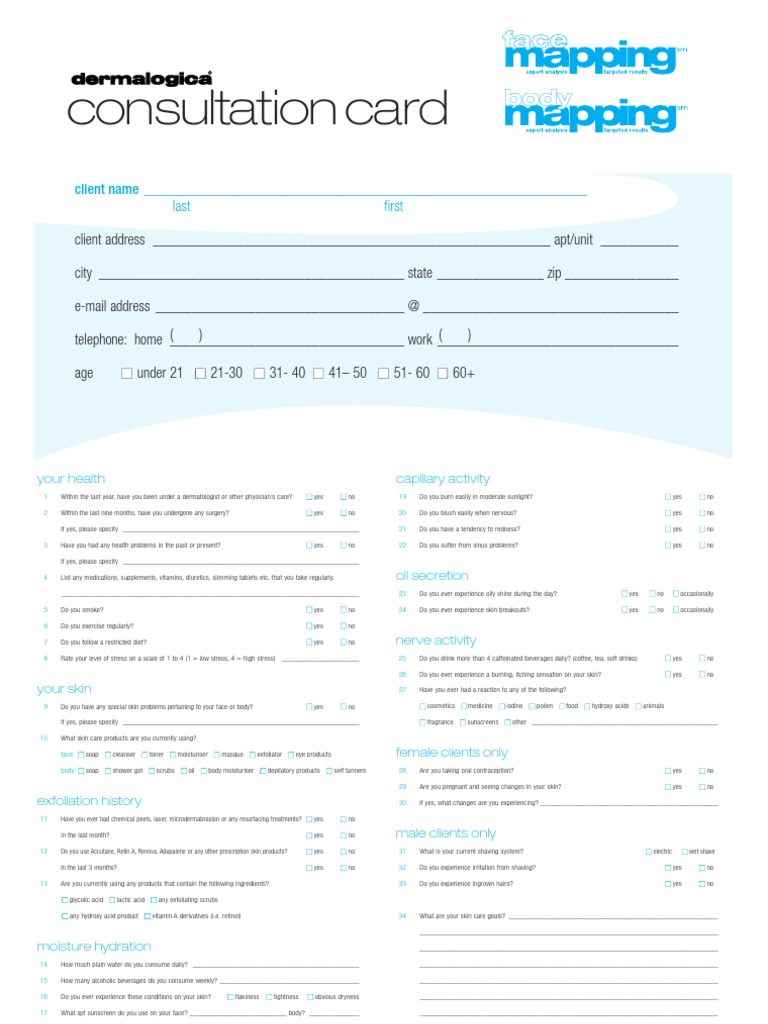 Facial Consultation Card | Cosmetics | Integumentary System