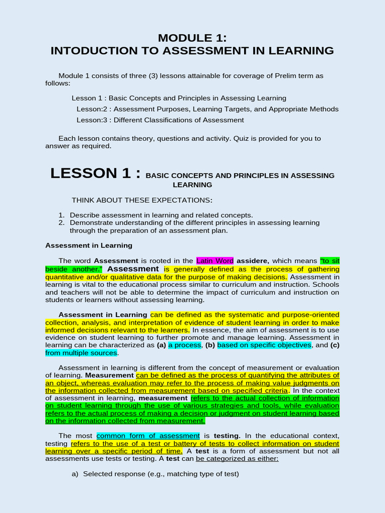 Module 1 - 4 ASSESSMENT IN LEARNING 1 | PDF | Educational Assessment ...