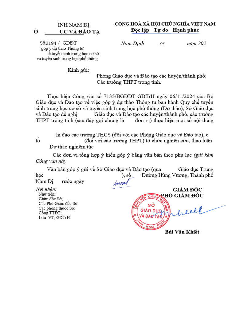 Công văn xin ý kiến cơ sở về tuyển sinh THCS THPT 1 | PDF